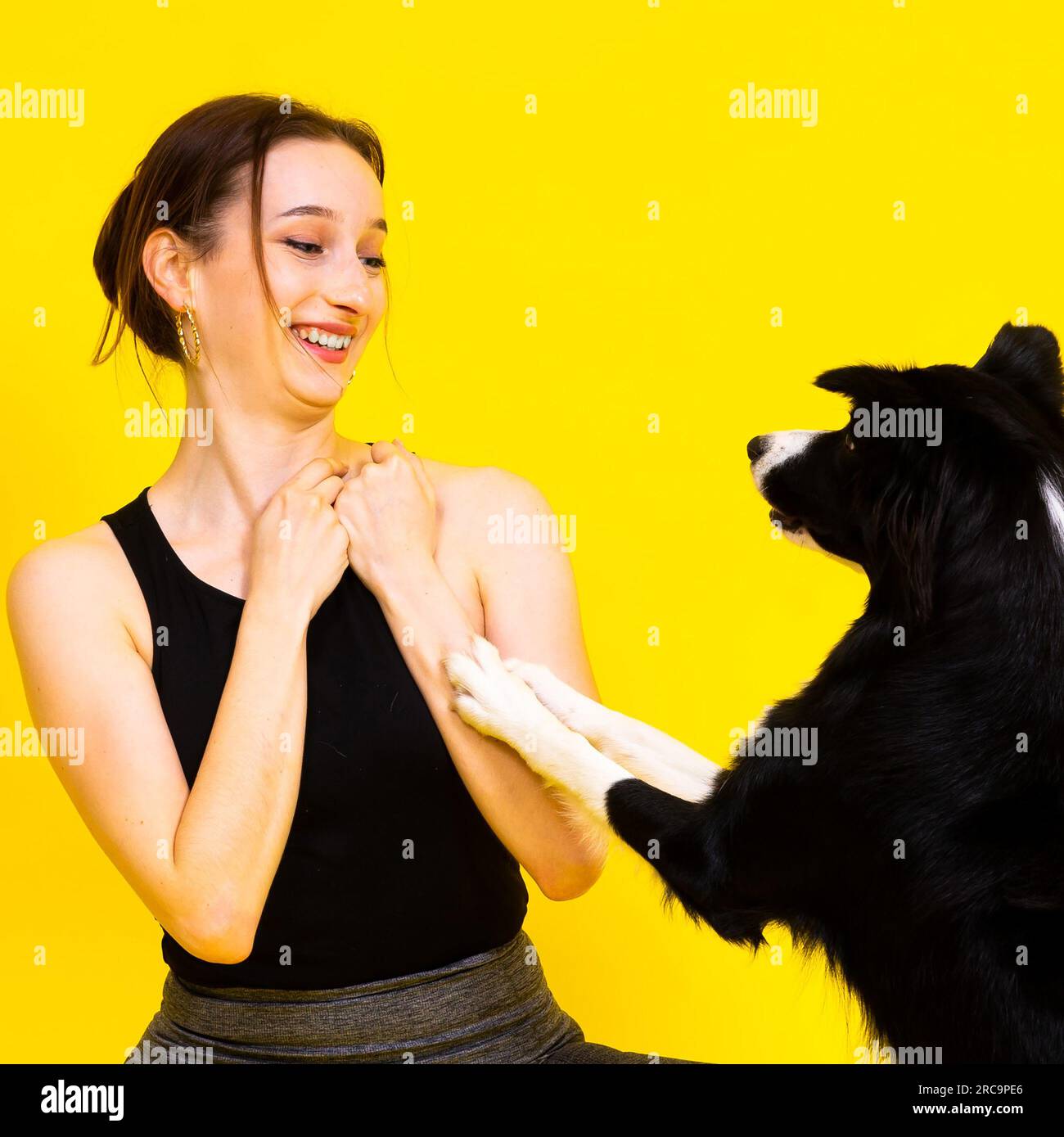 Excited girl dancing with border collie. Studio portrait lady looking ...