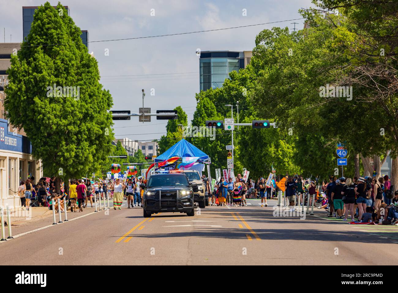 Oklahoma, JUN 26 2023 - Sunny exterior view of the Pride Parade event ...