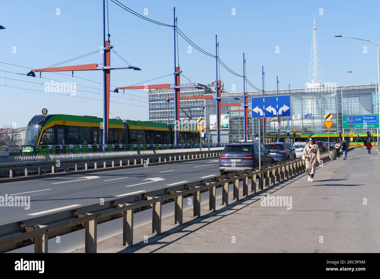 Poznan, Poland - April 21, 2023: Articulated low-floor green tram at a ...