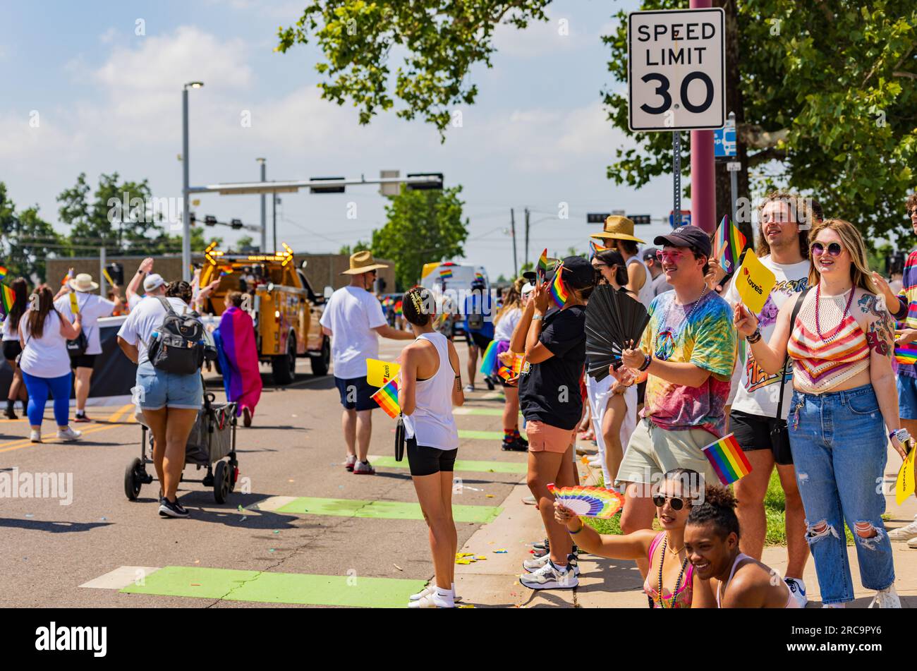 Oklahoma, JUN 26 2023 - Sunny exterior view of the Pride Parade event ...