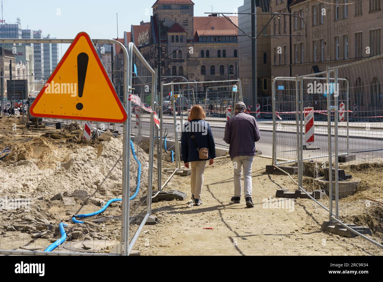 Poznan, Poland - April 21, 2023: Fencing and marking with a warning ...