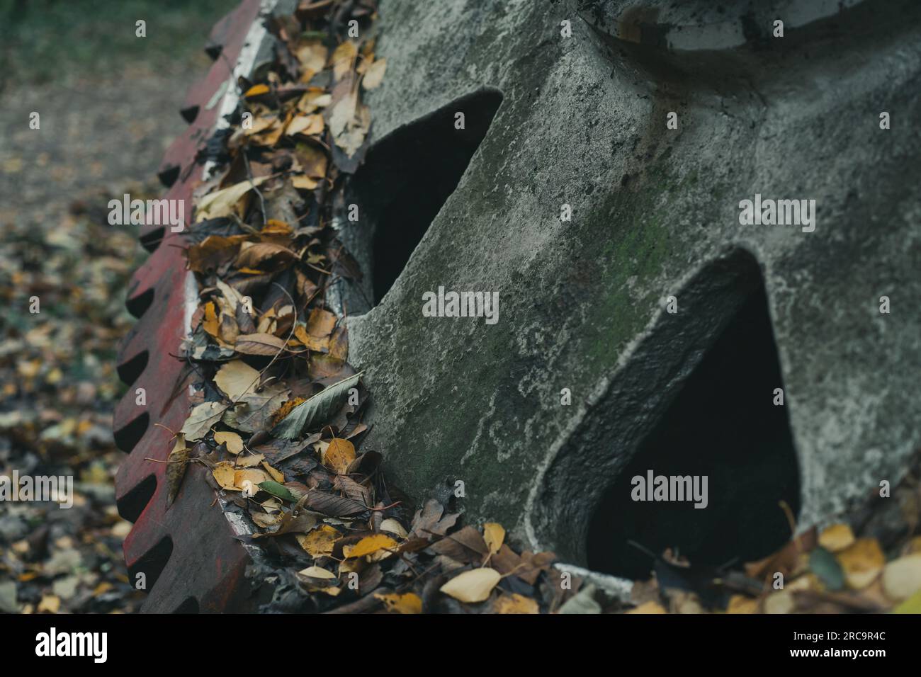 Detail of an old unused gigantic gear in the forest in autumn ...