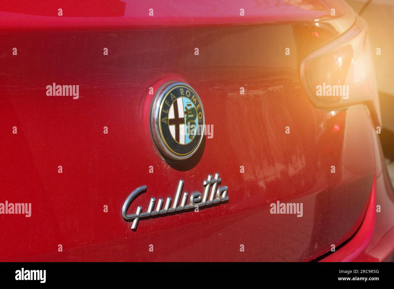 Poznan, Poland - April 21, 2023: Red tailgate with Alfa Romeo symbol ...
