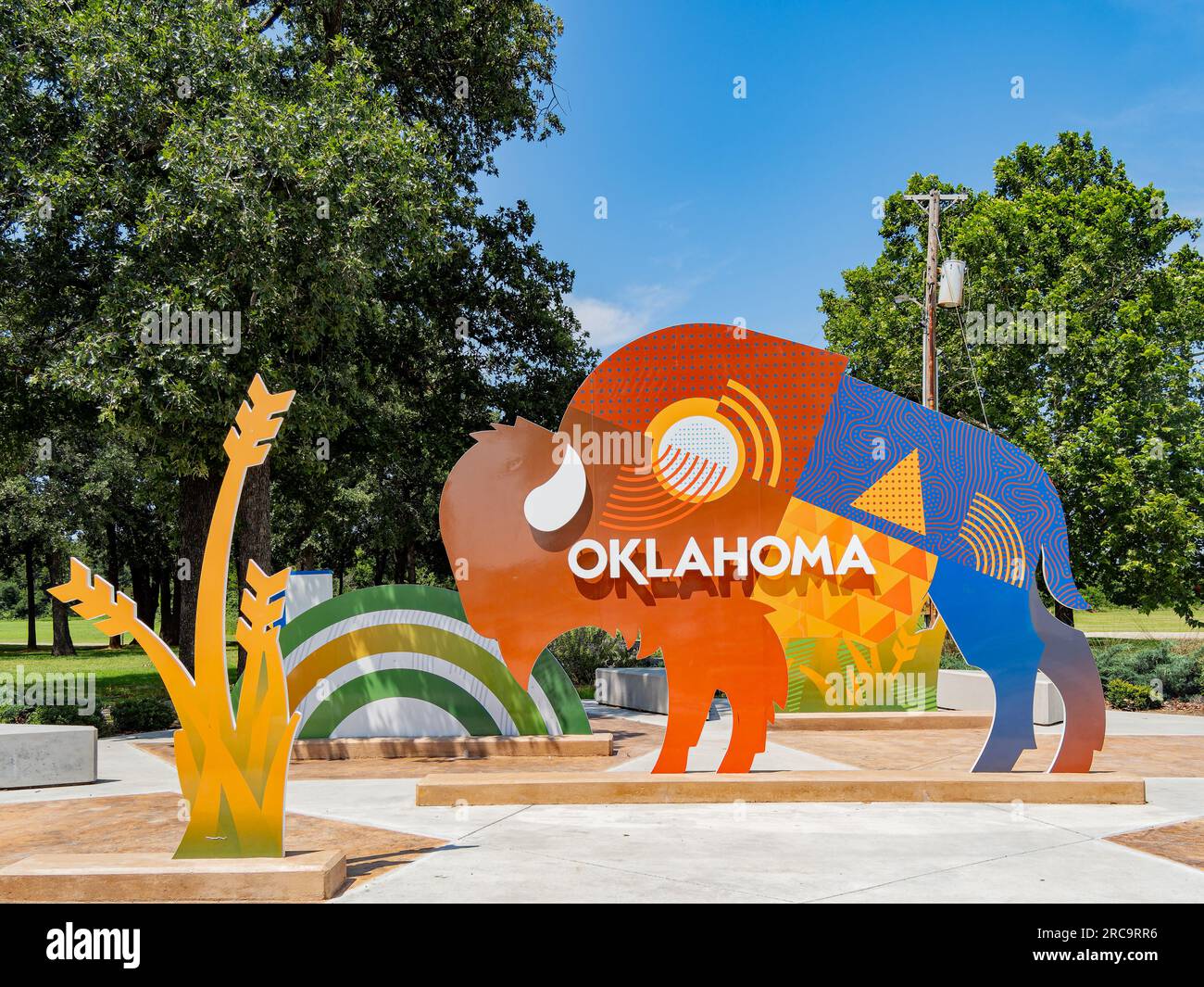 Oklahoma, JUL 4, 2023 - Sunny view of the Bison sign in the welcome ...