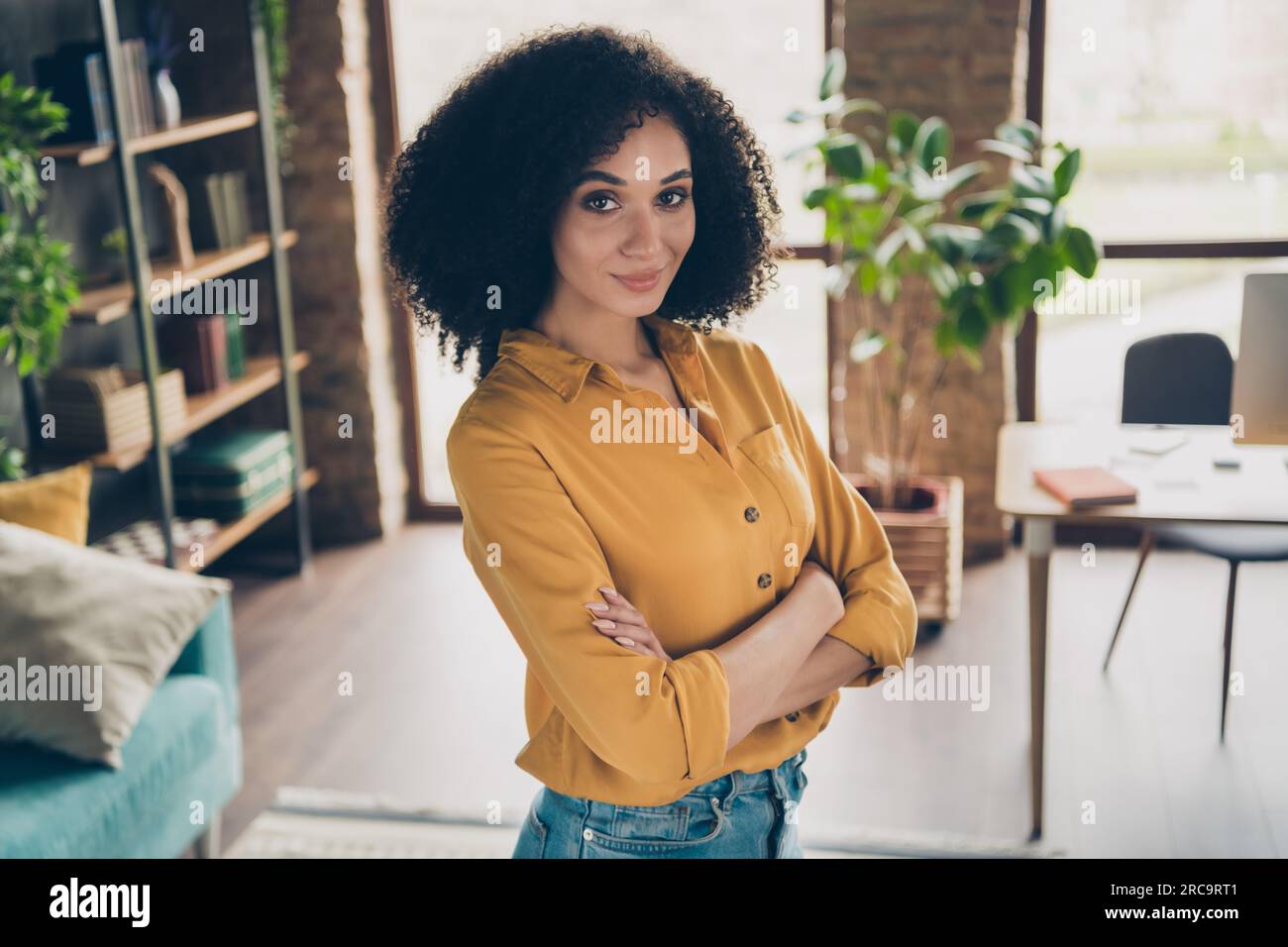 Profile portrait of gorgeous clever positive attorney girl crossed arms ...