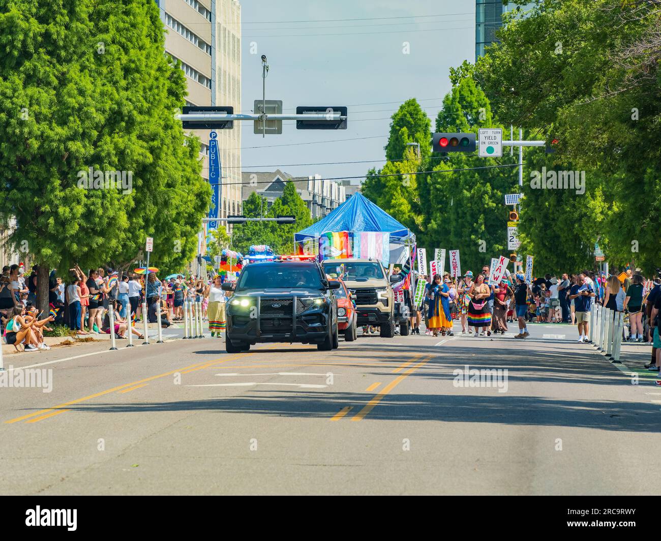 Oklahoma, JUN 26 2023 - Sunny exterior view of the Pride Parade event ...