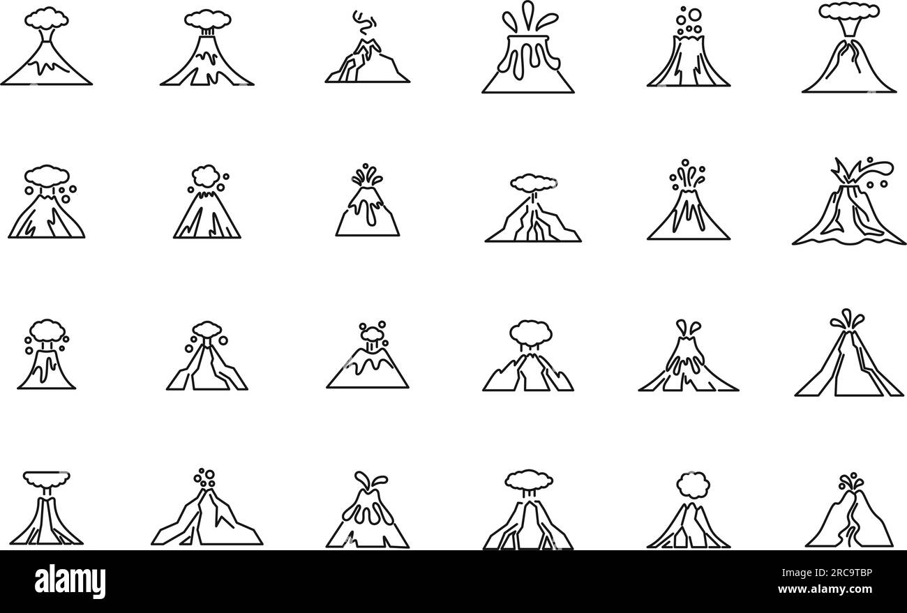 Volcanic eruption icons set outline vector. Active volcano. Danger ...