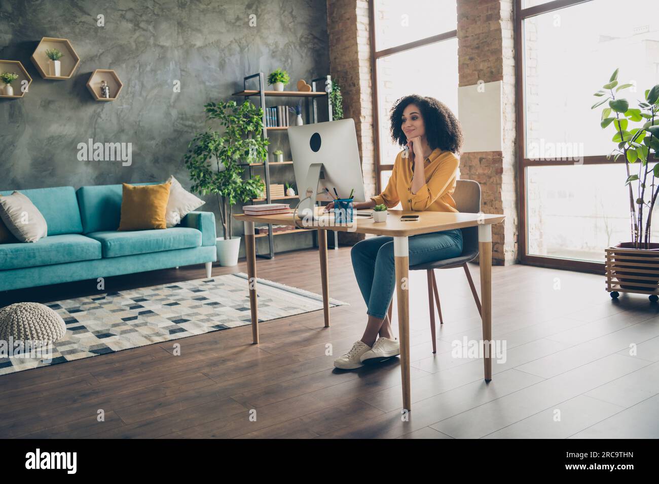 Full length photo of intelligent it specialist girl sitting chair ...