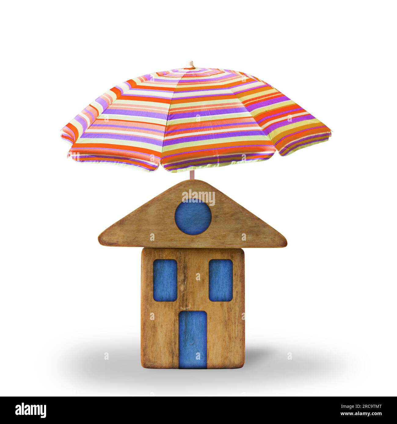 Small wooden house at seaside with umbrella beach - concept image Stock ...