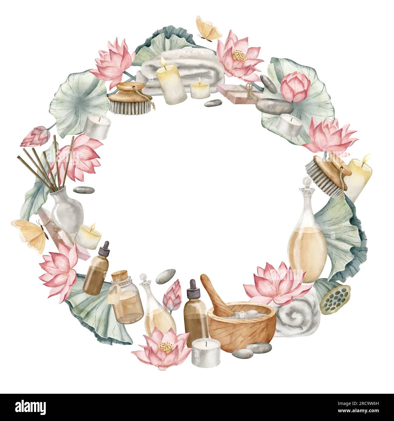 Spa Wreath with Lotus Flowers, mortar and vintage flacons. Hand drawn ...