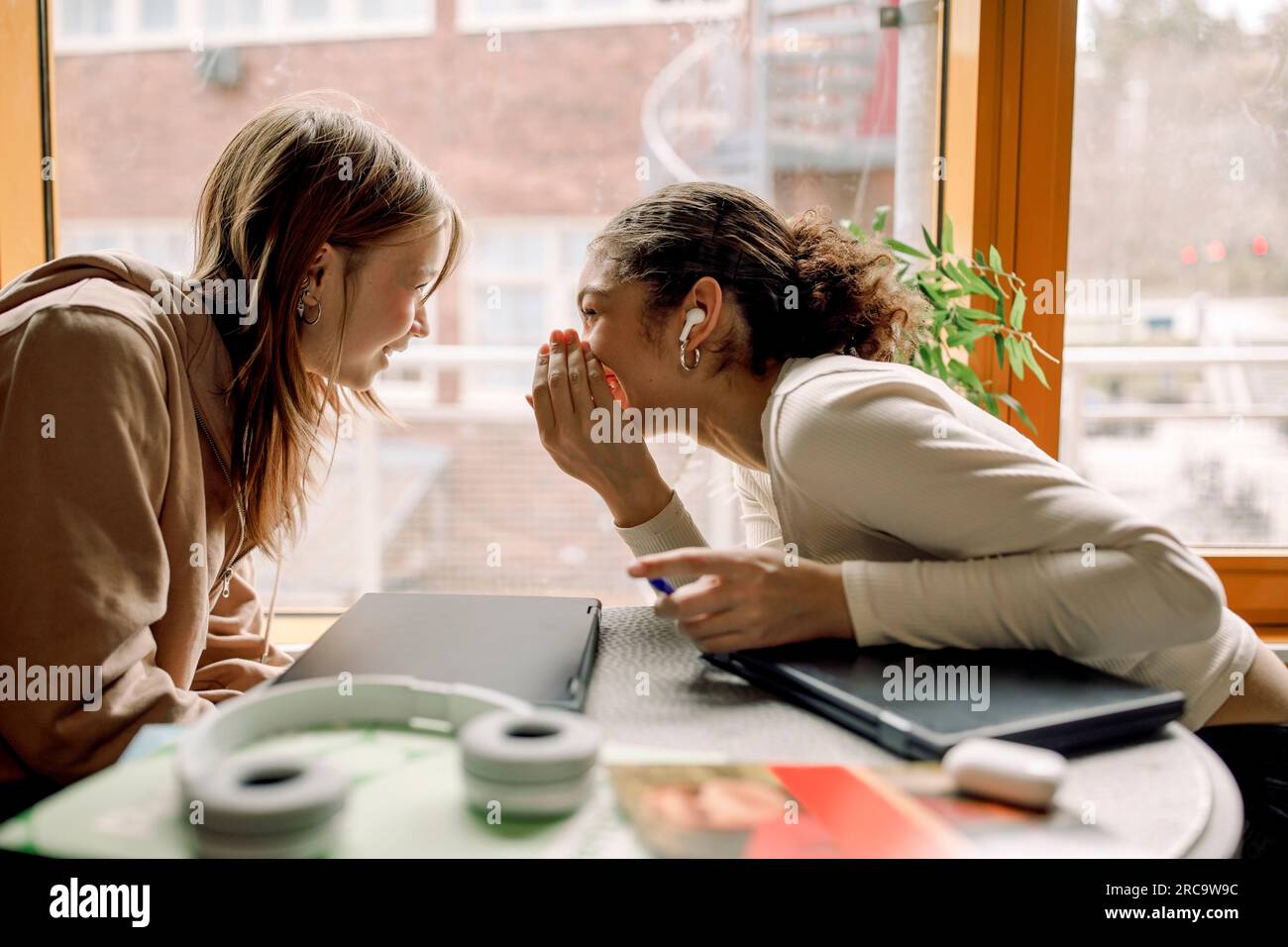 Side view of teenage female student gossiping with friend sitting in ...