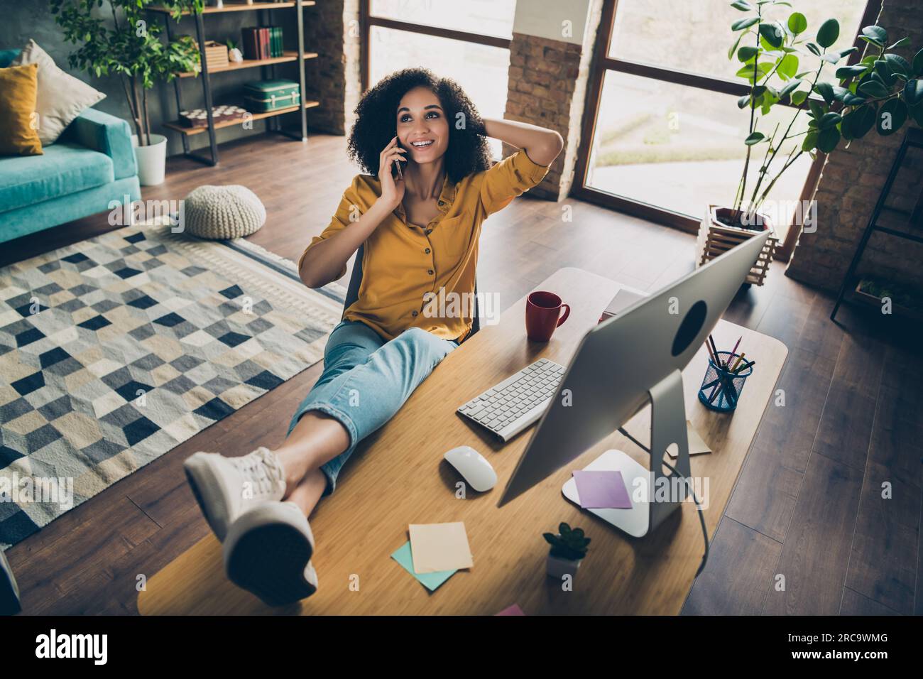 Full body above view portrait of charming company ceo lady sit chair ...