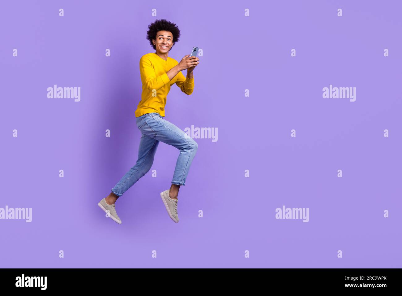Full body size photo of funky positive young guy running fast speed use ...