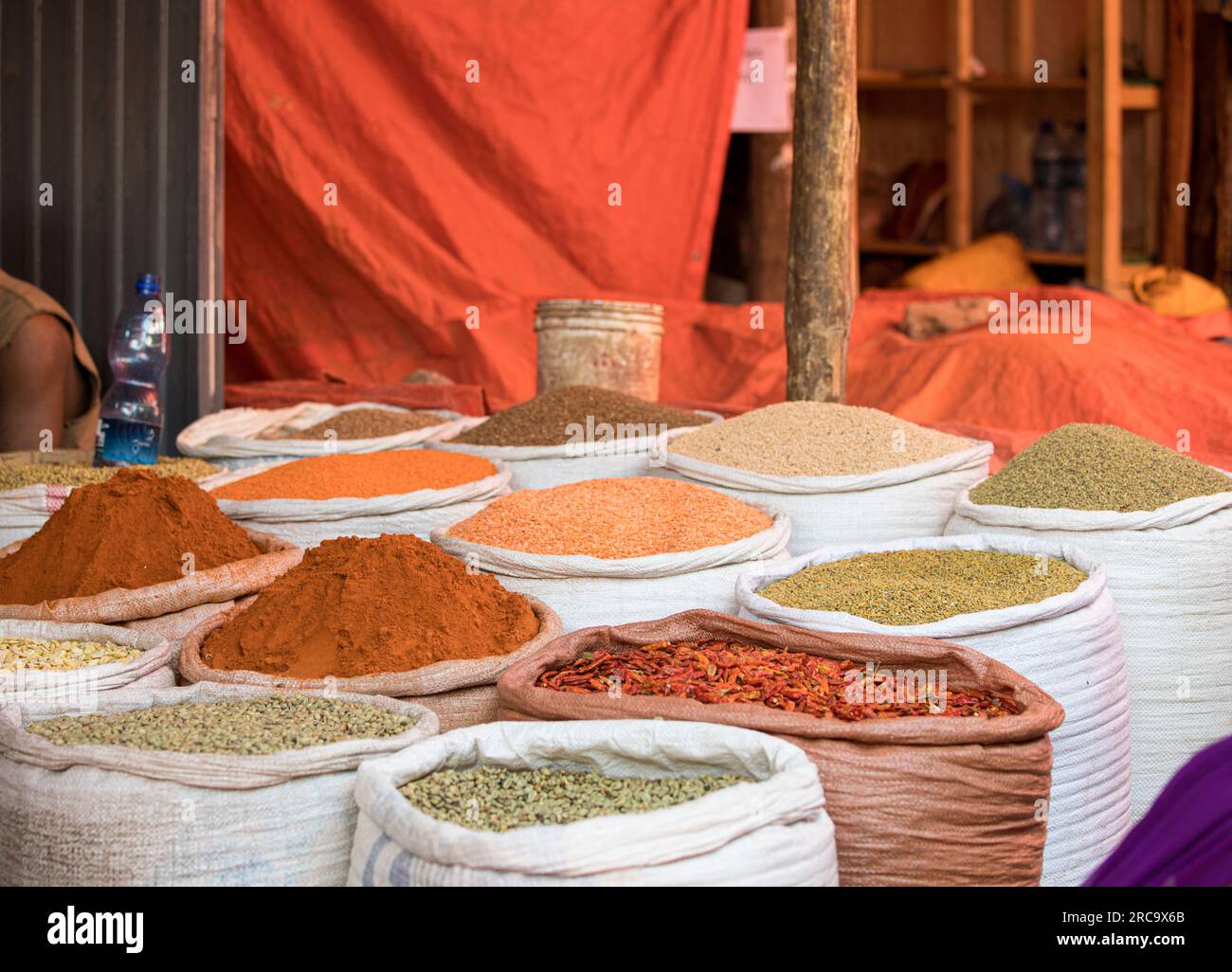 Sacks full of bulk spices, beans, and coffee at a market in Harar ...