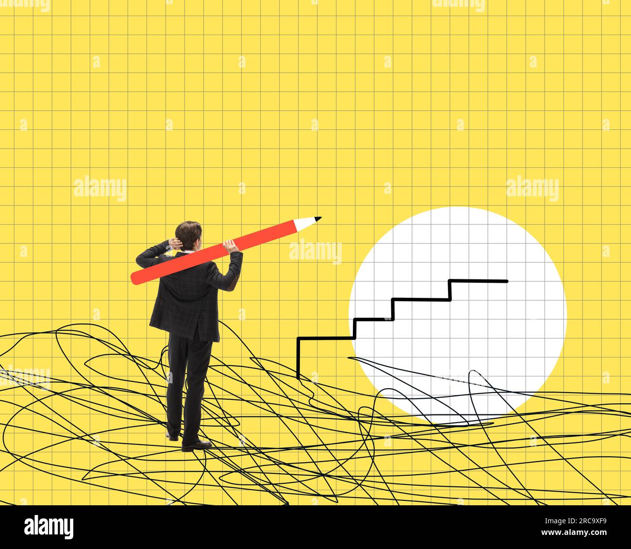 Contemporary art collage. Businessman, employee thinking and personal ...