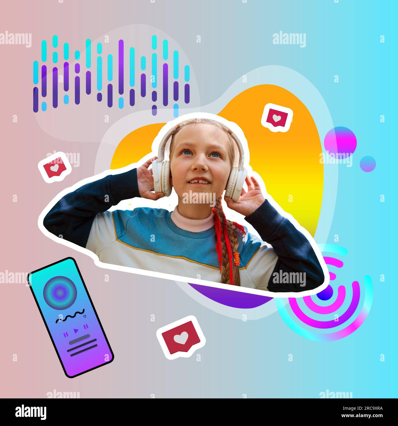 Creative digital collage stylish girl in headphones smartphone using ...