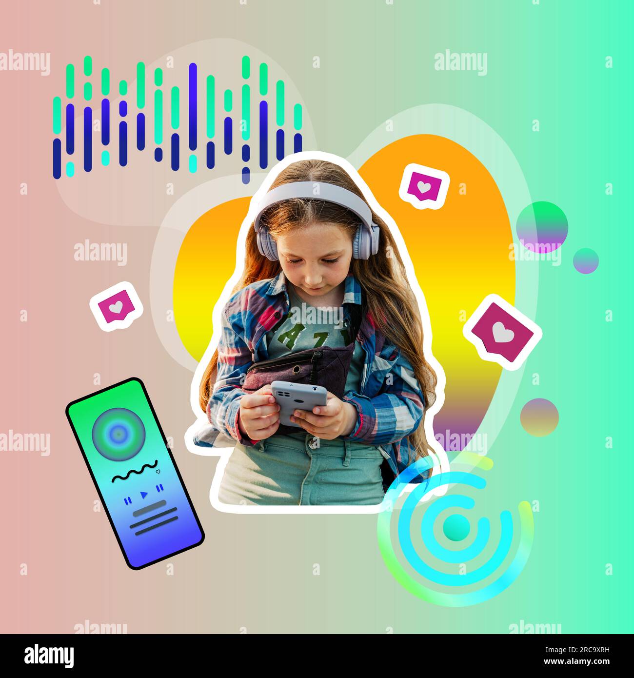Creative digital collage stylish girl in headphones smartphone using ...