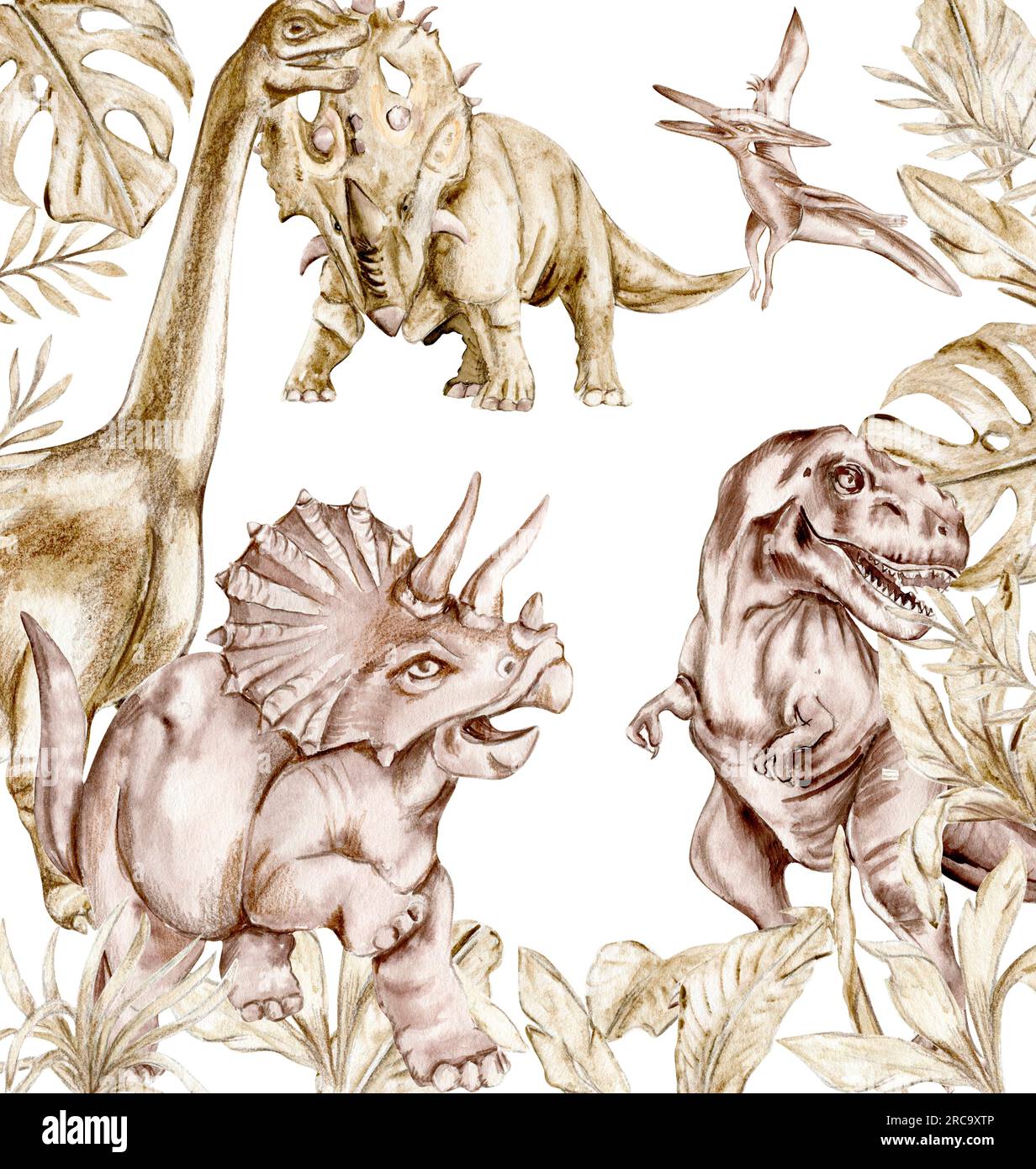 Watercolor hand drawn tropical dinosaur, Hand painted cute dinosaurs ...
