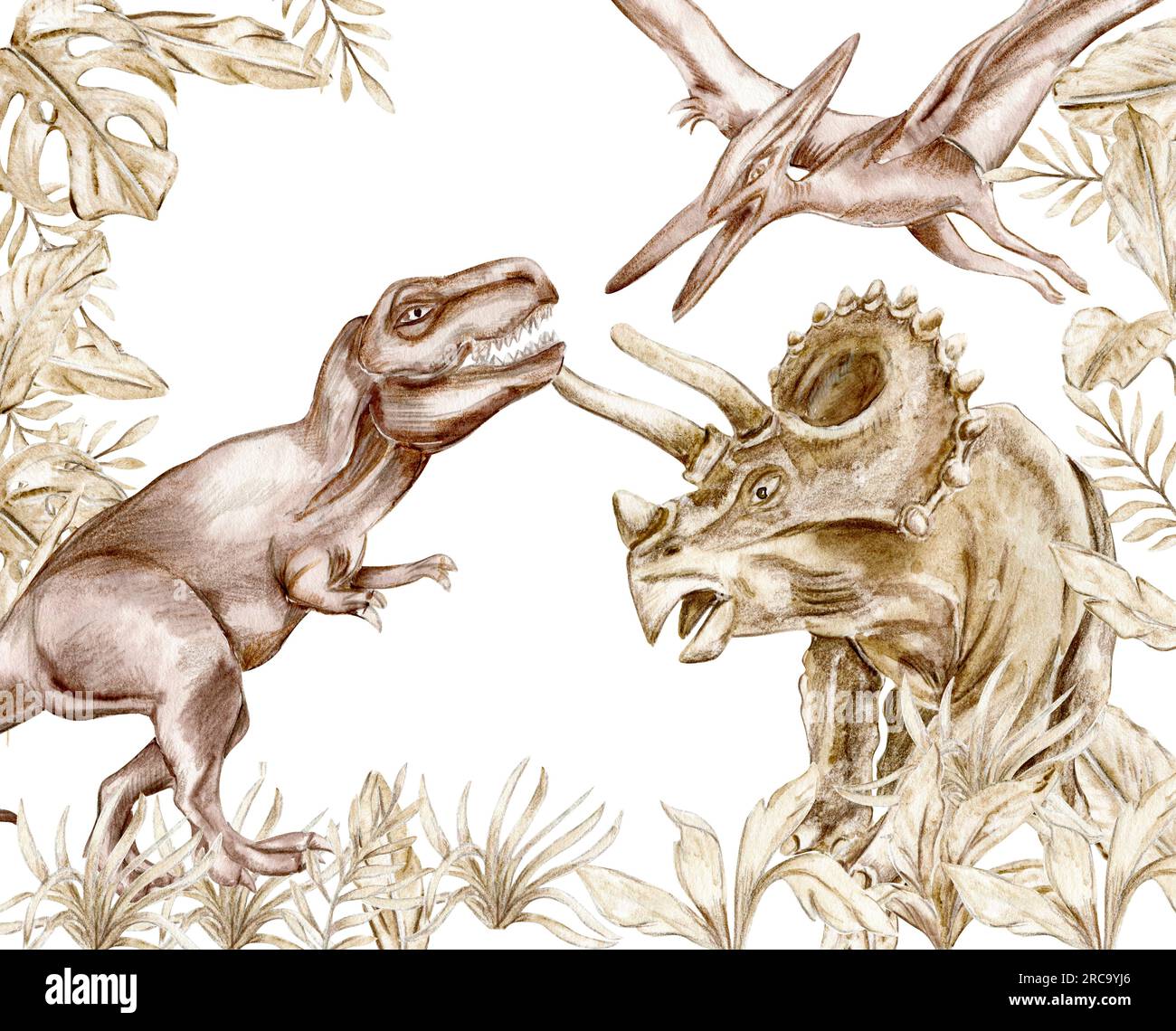 Watercolor hand drawn tropical dinosaur, Hand painted cute dinosaurs ...