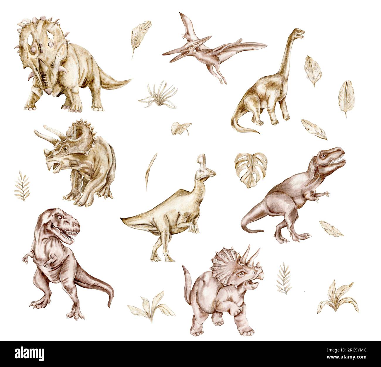 Watercolor hand drawn tropical dinosaur set, Hand painted cute ...
