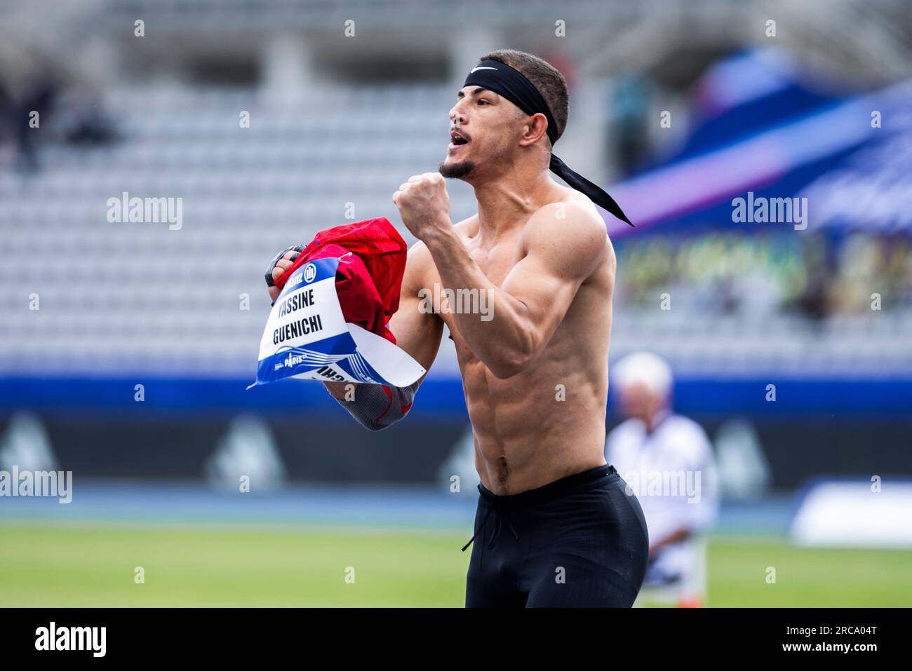 Paris, Stade Charlety, 13.07.23: Yassine Guenichi of tunesia with a new world record over 16,86m ...