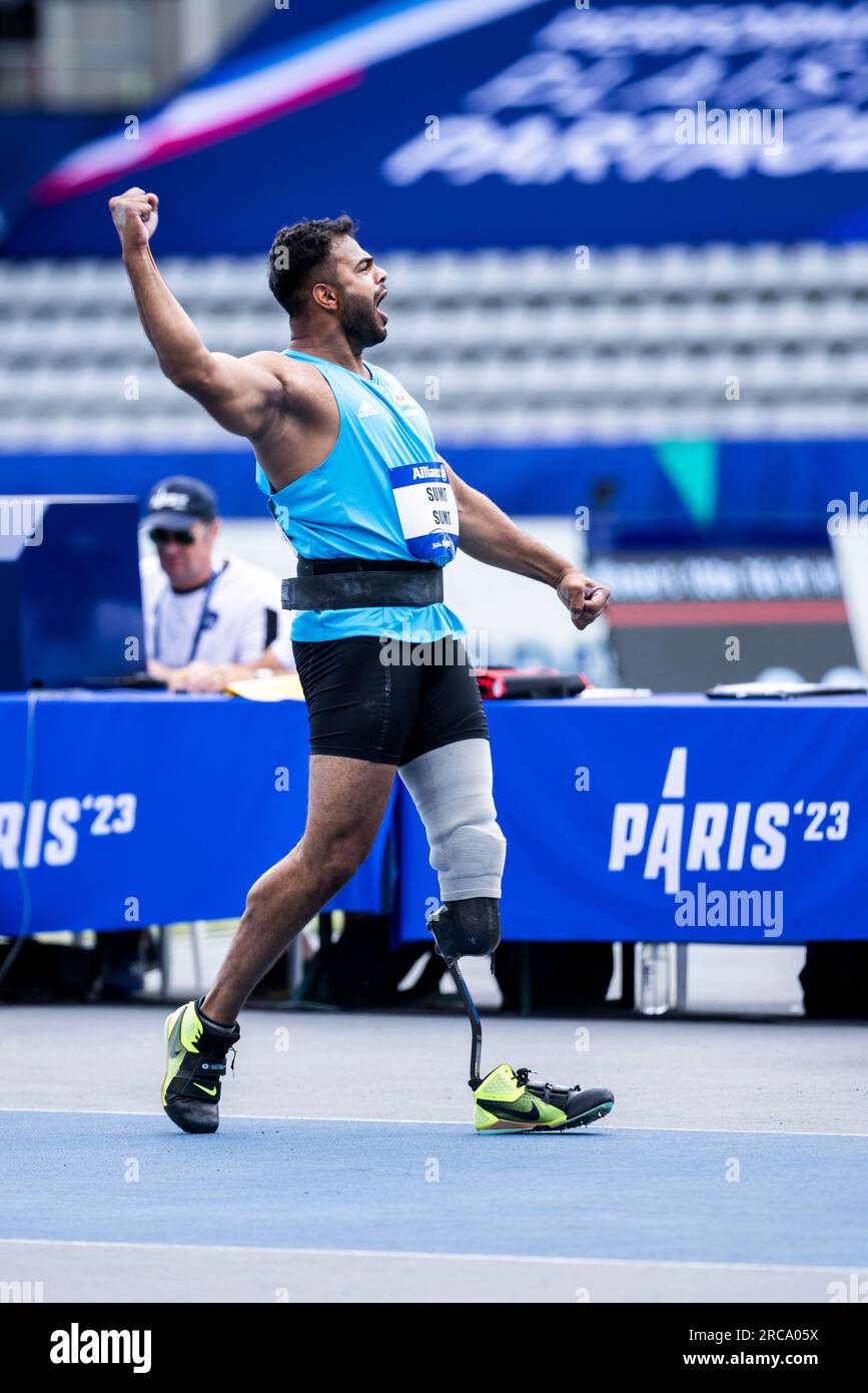 Paris, Stade Charlety, 13.07.23: Sumit Antil of india celebrates at the ...