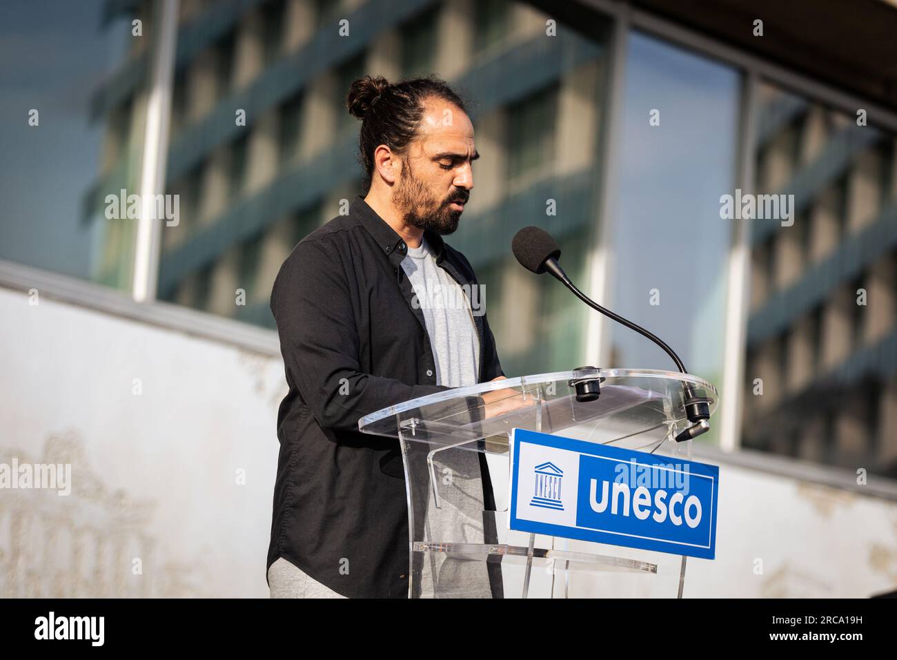 Portuguese artist Alexandre Farto, speaks during the inauguration ...