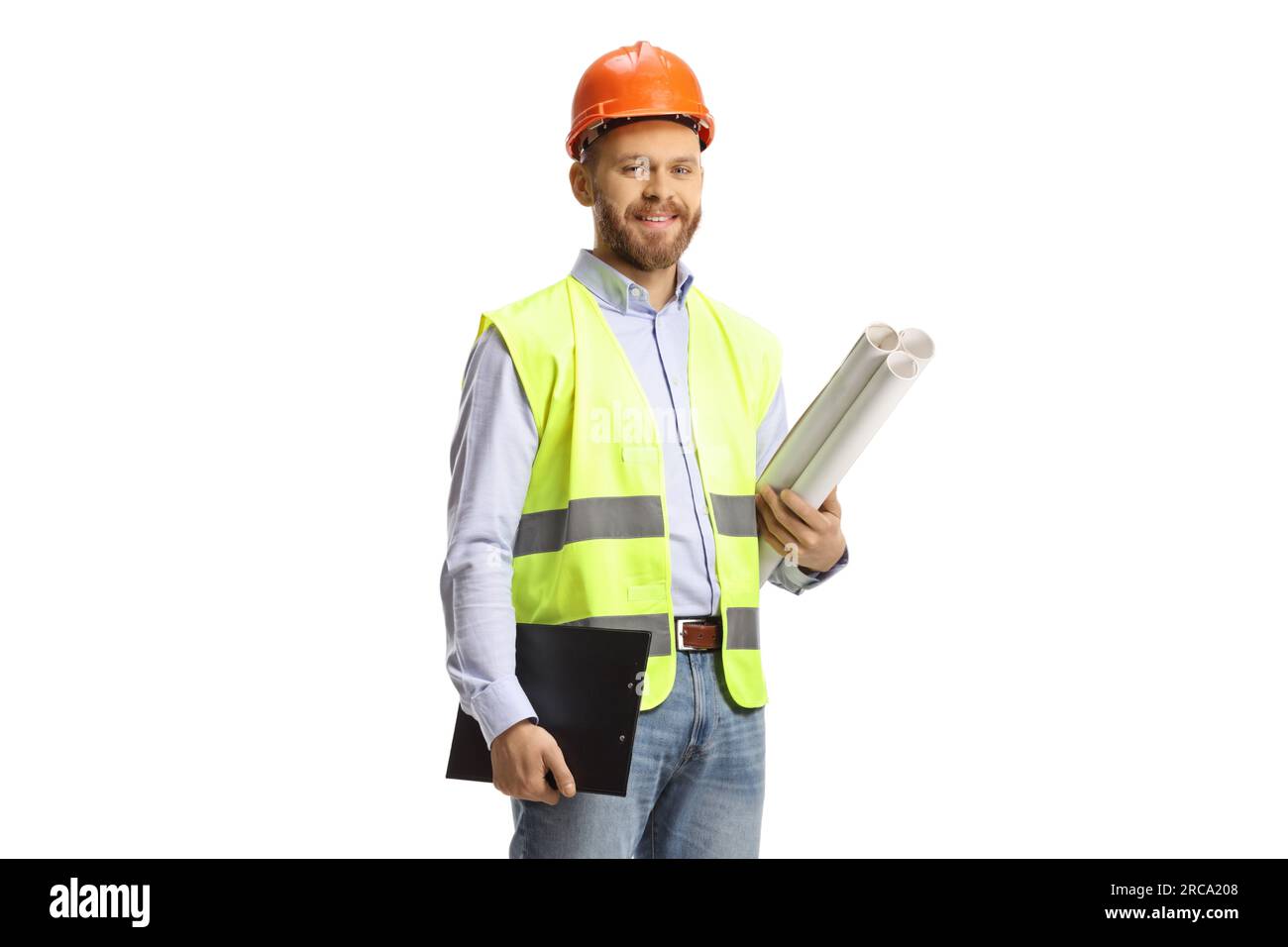 Male engineer holding a blueprint and clipboard isolated on white ...