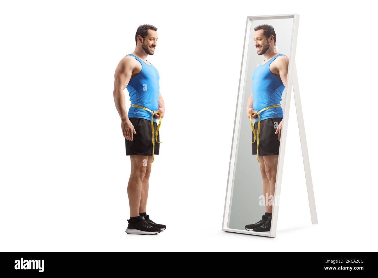 Full length shot of a fit man in sportswear measuring waist and looking ...