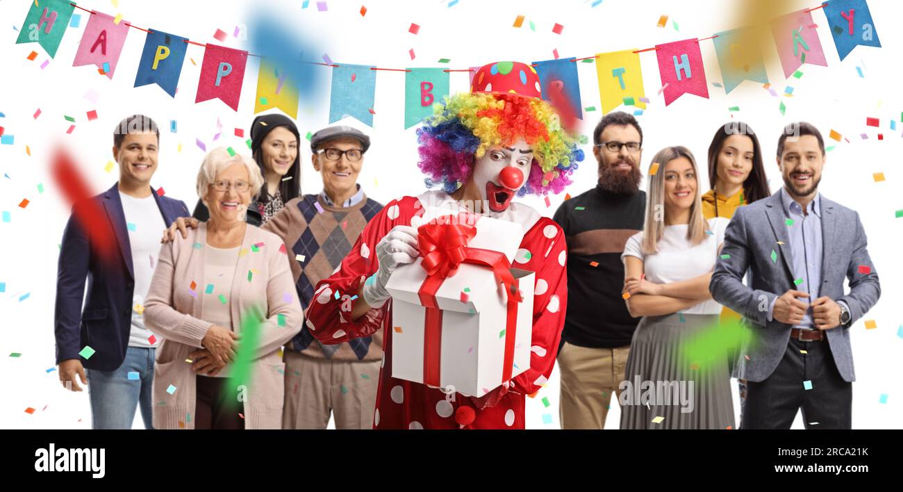 Group of people with a clown at a party isolated on white background ...