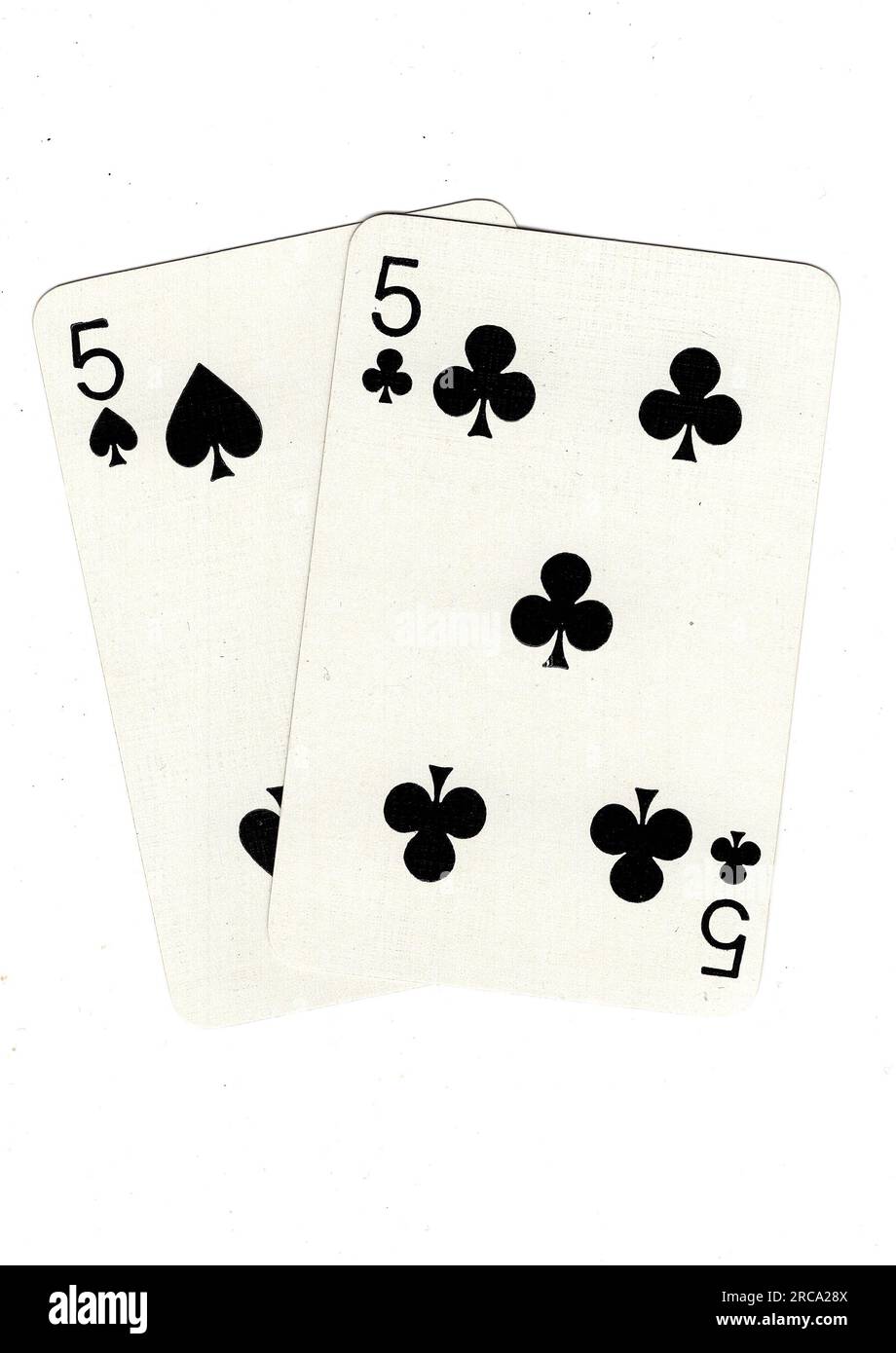 Vintage playing cards showing a pair of black fives on a white ...