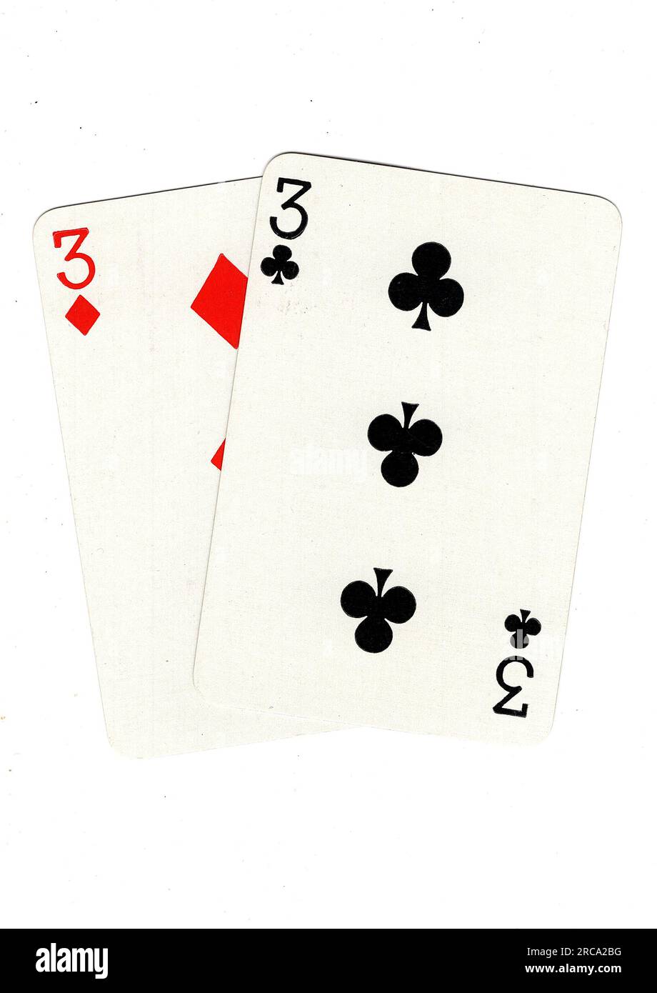 Vintage playing cards showing a pair of threes on a white background ...