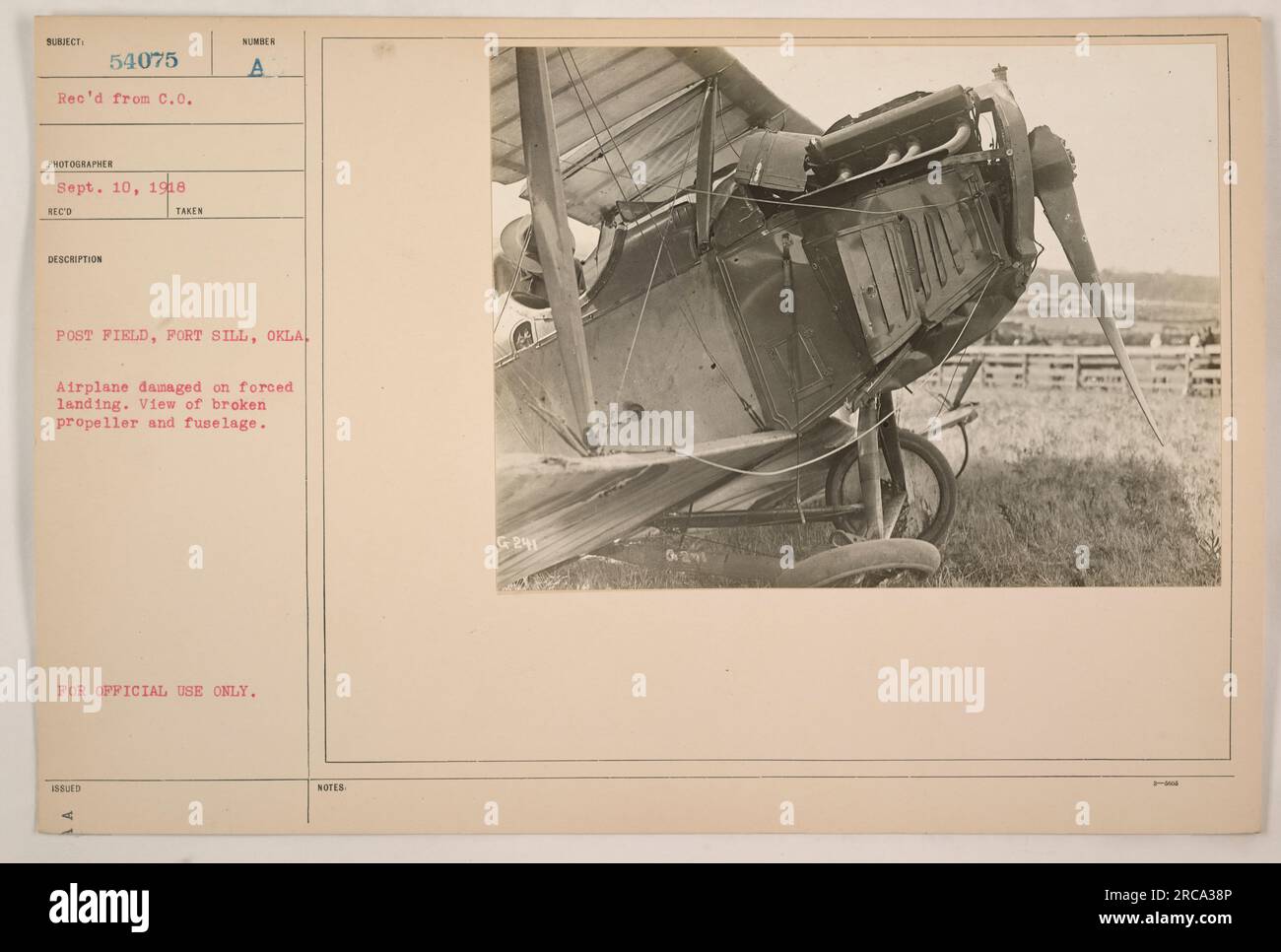 A damaged airplane at Post Field, Fort Sill, Oklahoma. The image shows ...