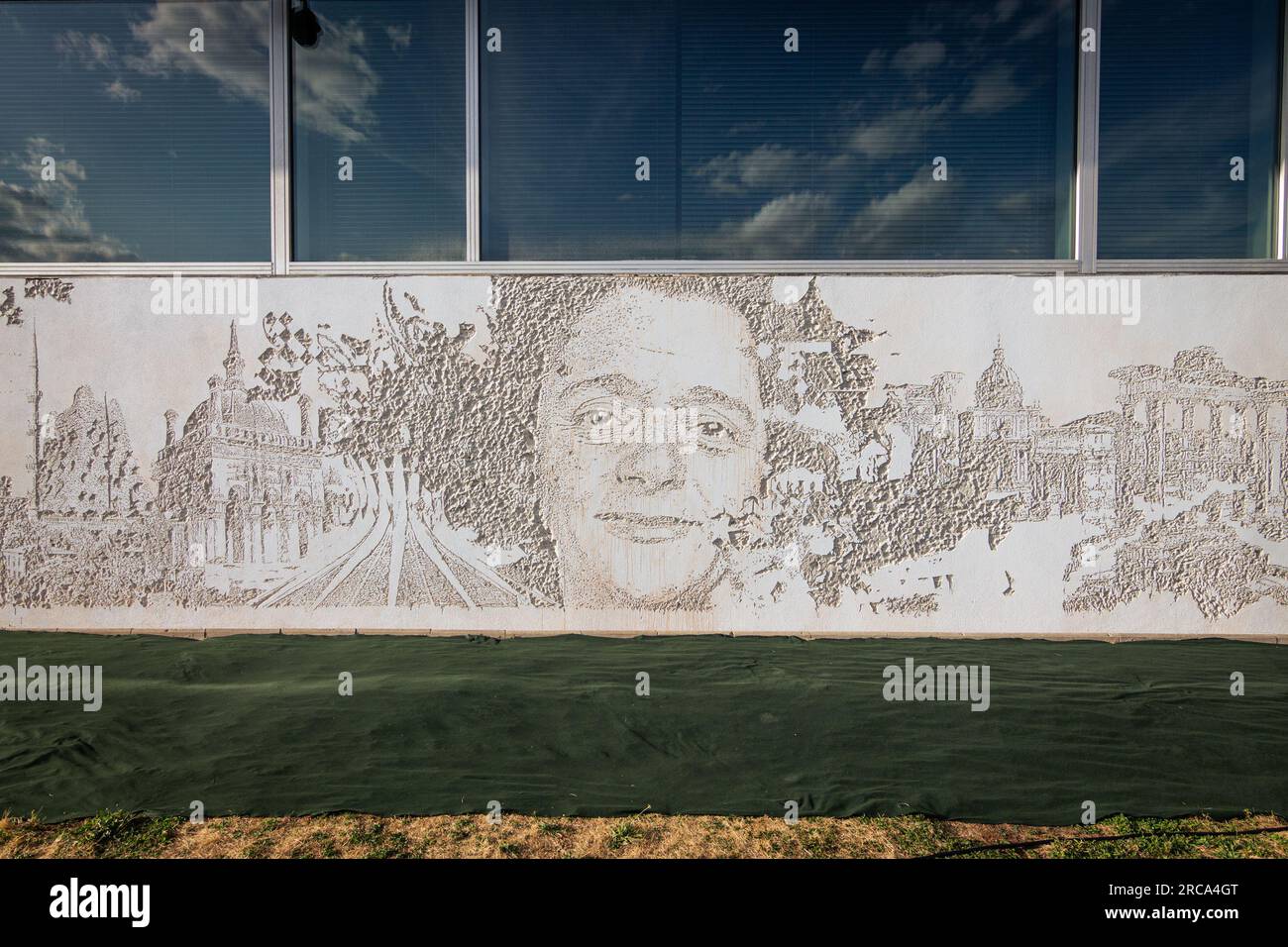 July 12, 2023, Paris, France: Panoramic view of Vhils artwork ''Substratum - Scratching the ...