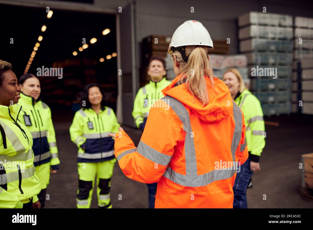 Rear view of female engineer in reflective clothing discussing with ...