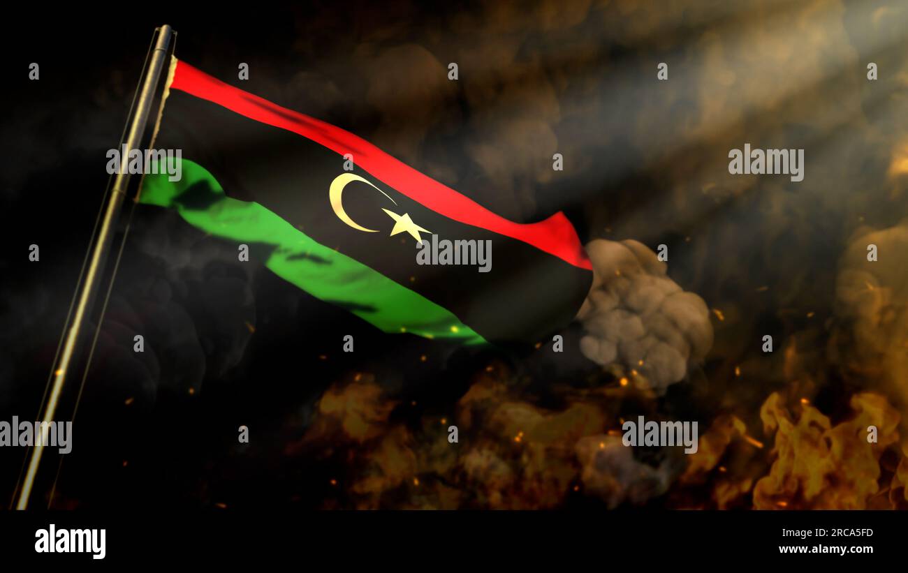soft focus Libya flag on smoke with sun beams backdrop - disaster ...
