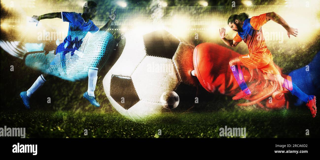 Two soccer players challenge each other at the stadium. Double exposure ...