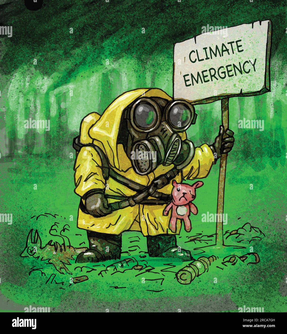 Art child in protective clothing poisoned toxic environment holding ...