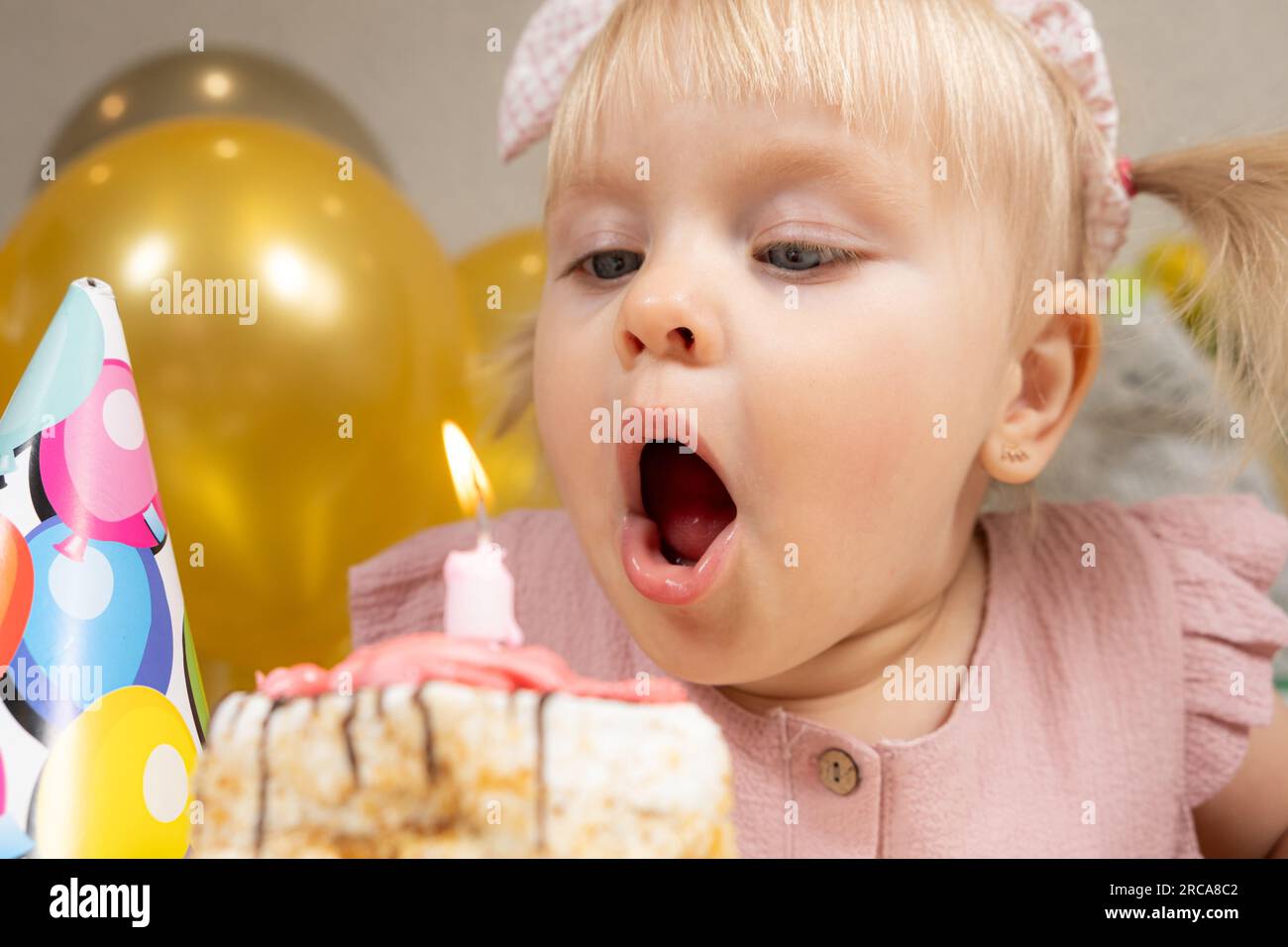 A Two Year Old Girl Blows Out A Candle On A Birthday Cake Makes A Wish