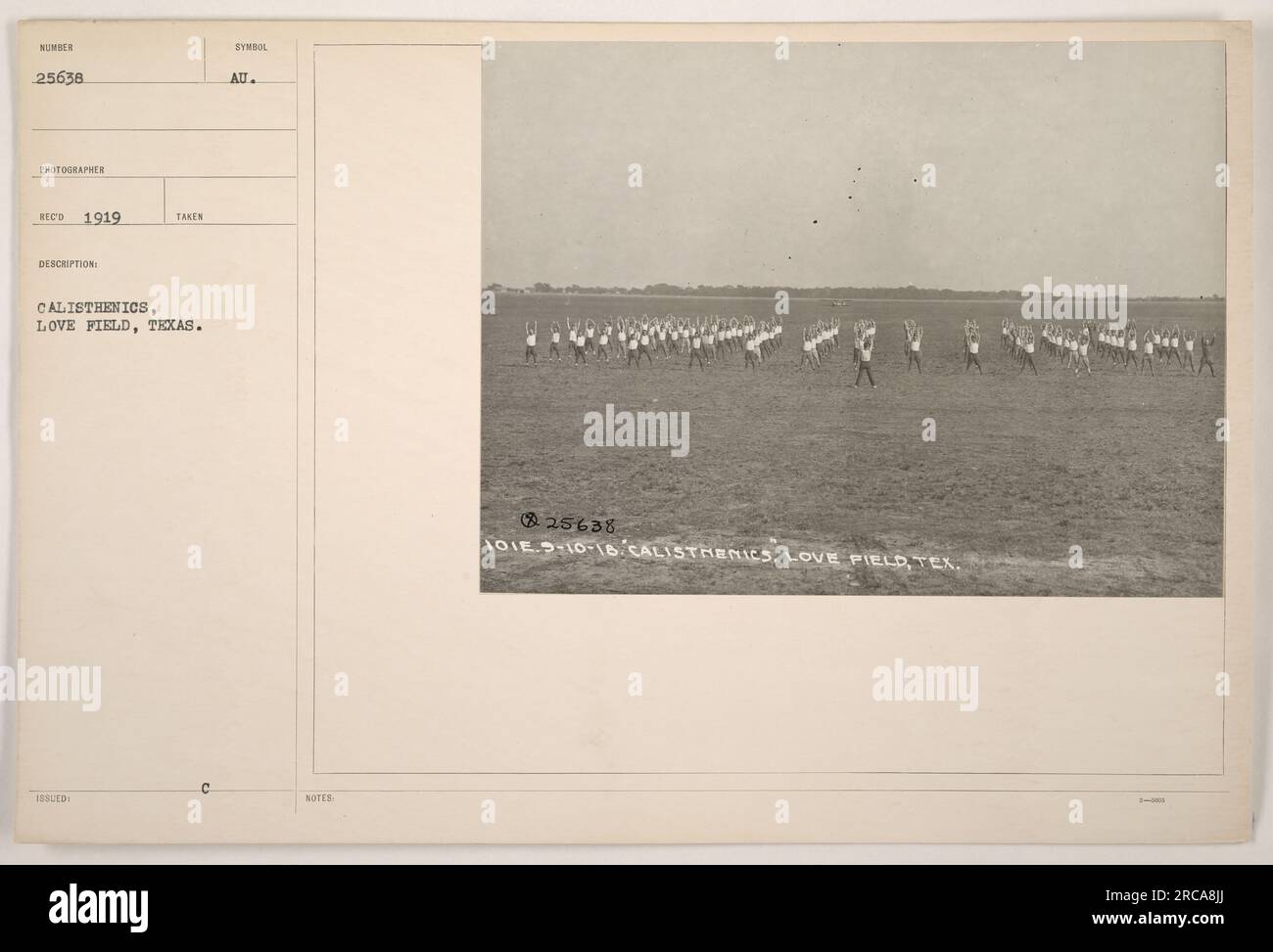 Soldiers participating in calisthenics exercises at Love Field in Texas ...