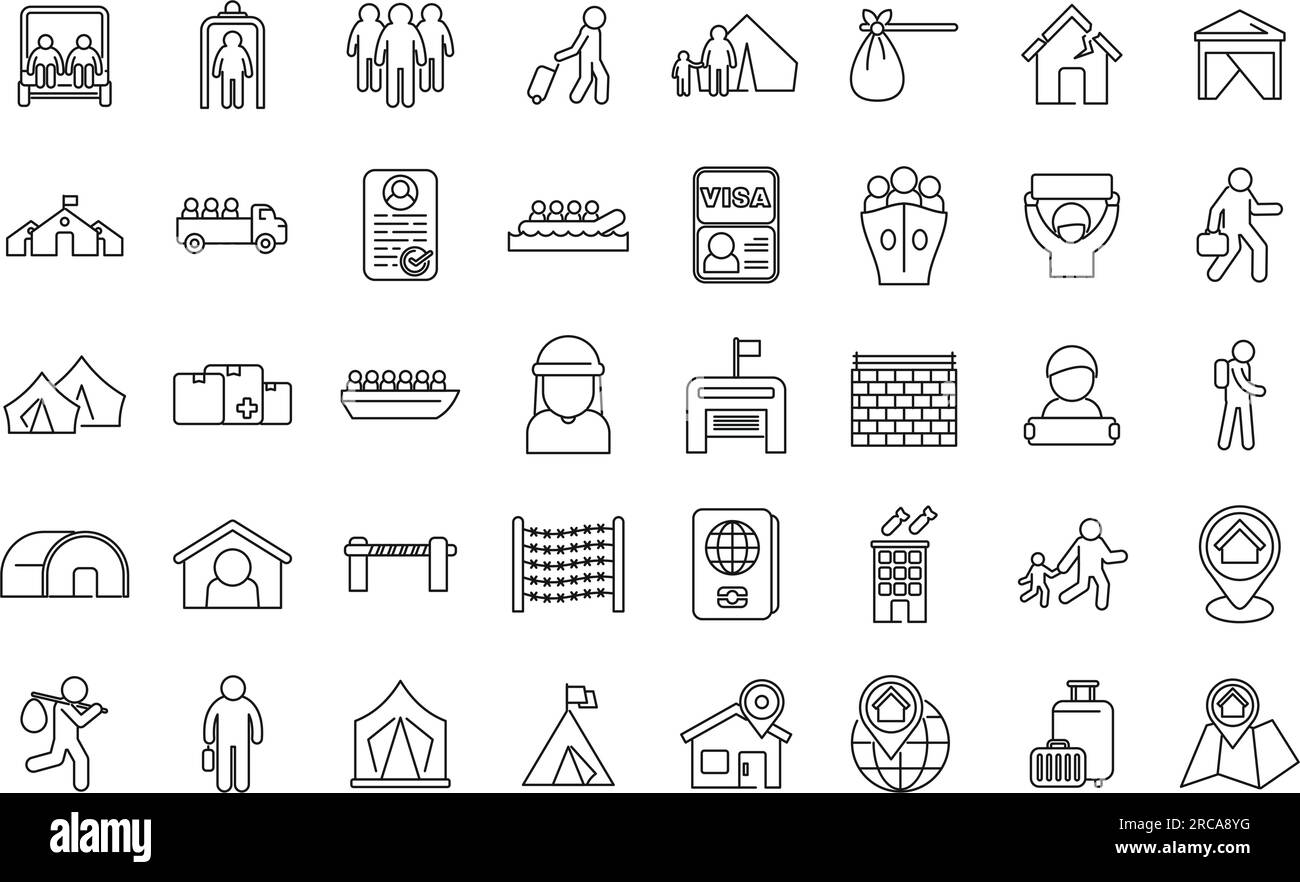 Asylum seeker icons set outline vector. Migration abroad. Family seeker ...
