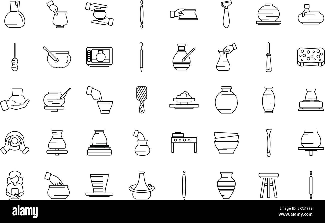 Pottery class icons set outline vector. Artist craft. People pot Stock ...