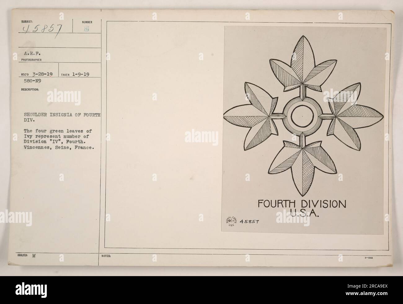 Photograph depicting the shoulder insignia of the Fourth Division, with ...