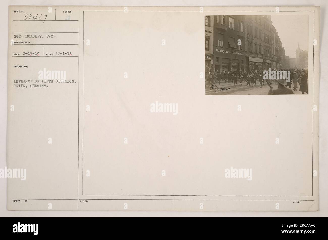 Caption: "Entrance of the Fifth Division in Trier, Germany. Photograph ...