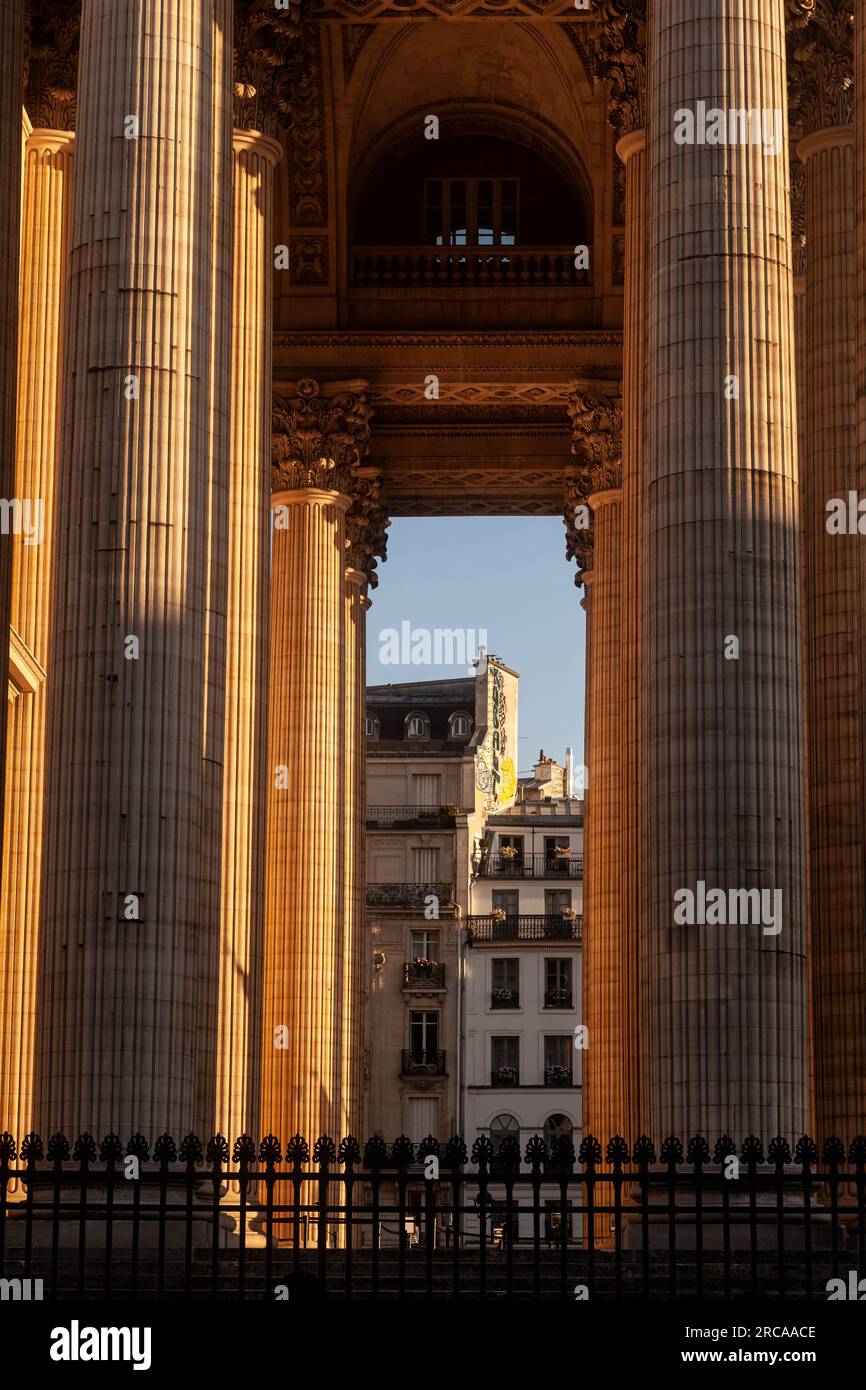 Columns of the Pantheon building in Paris on a sunny day, sunset time ...
