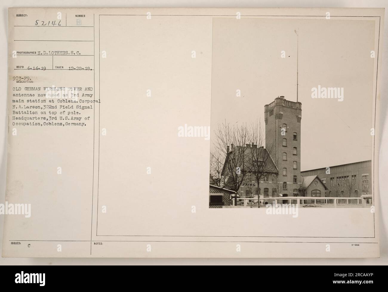 "Old German wireless tower and antennae serving as 3rd Army main ...