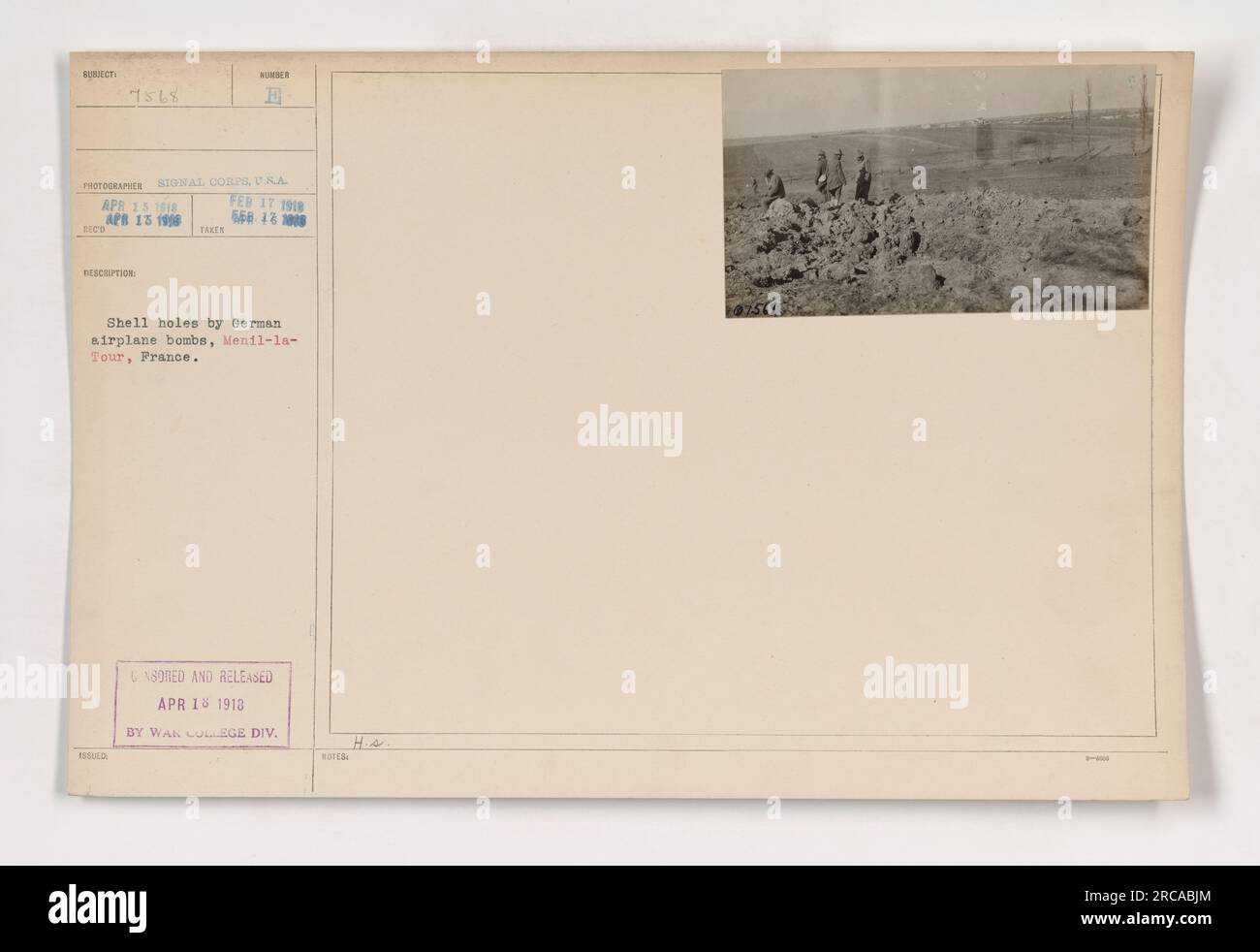 Shell holes created by German airplane bombs in Menil-la-Tour, France ...