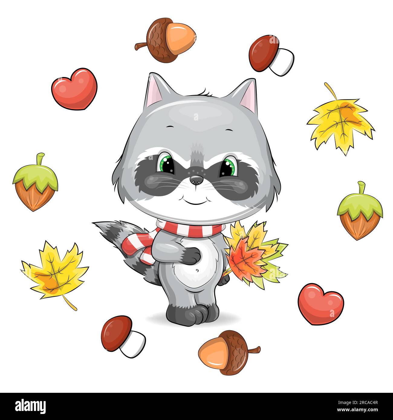 Cute cartoon raccoon with red scarf, fallen leaves and autumn frame ...