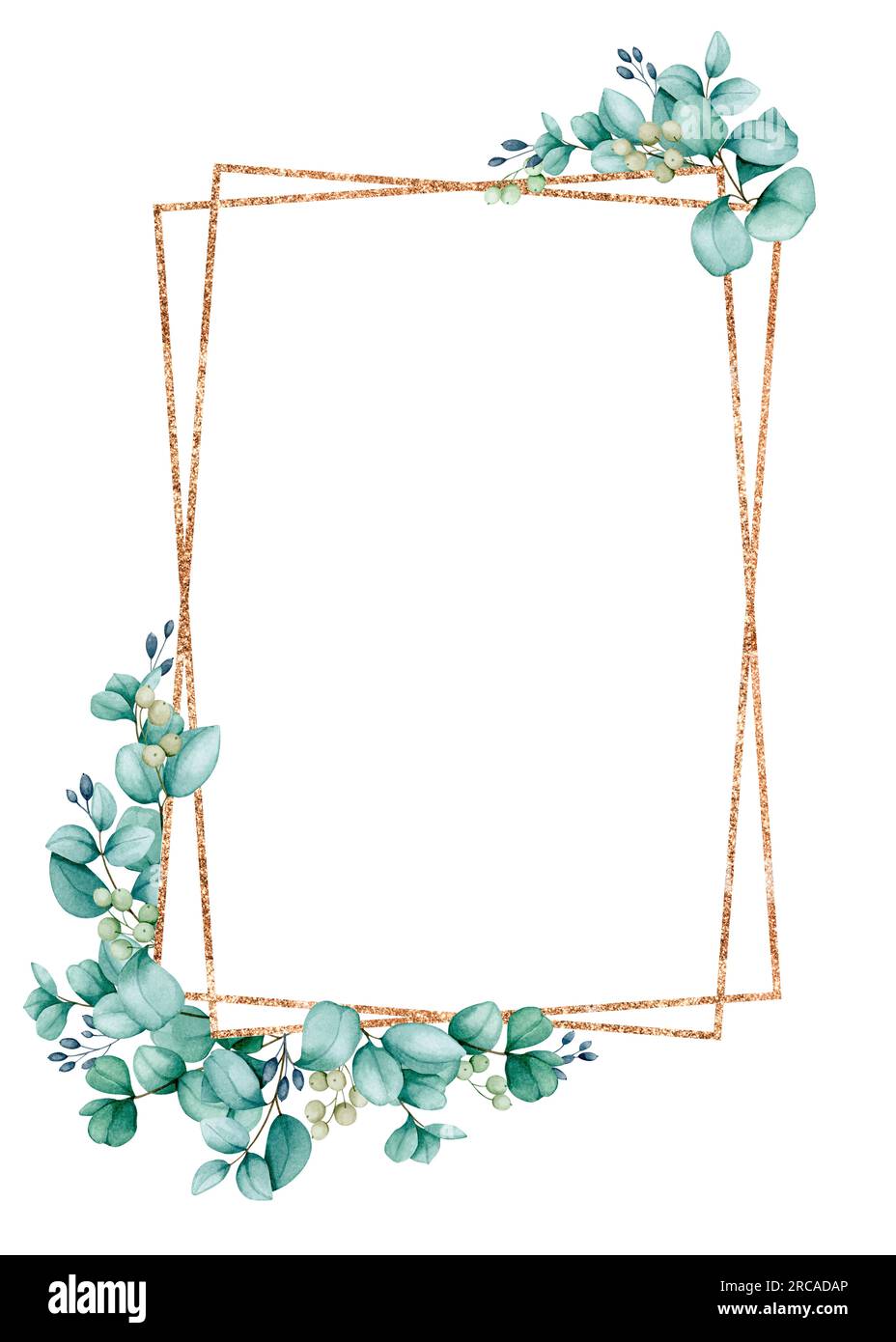 Rectangular golden frame made of eucalyptus branches. Watercolor border ...