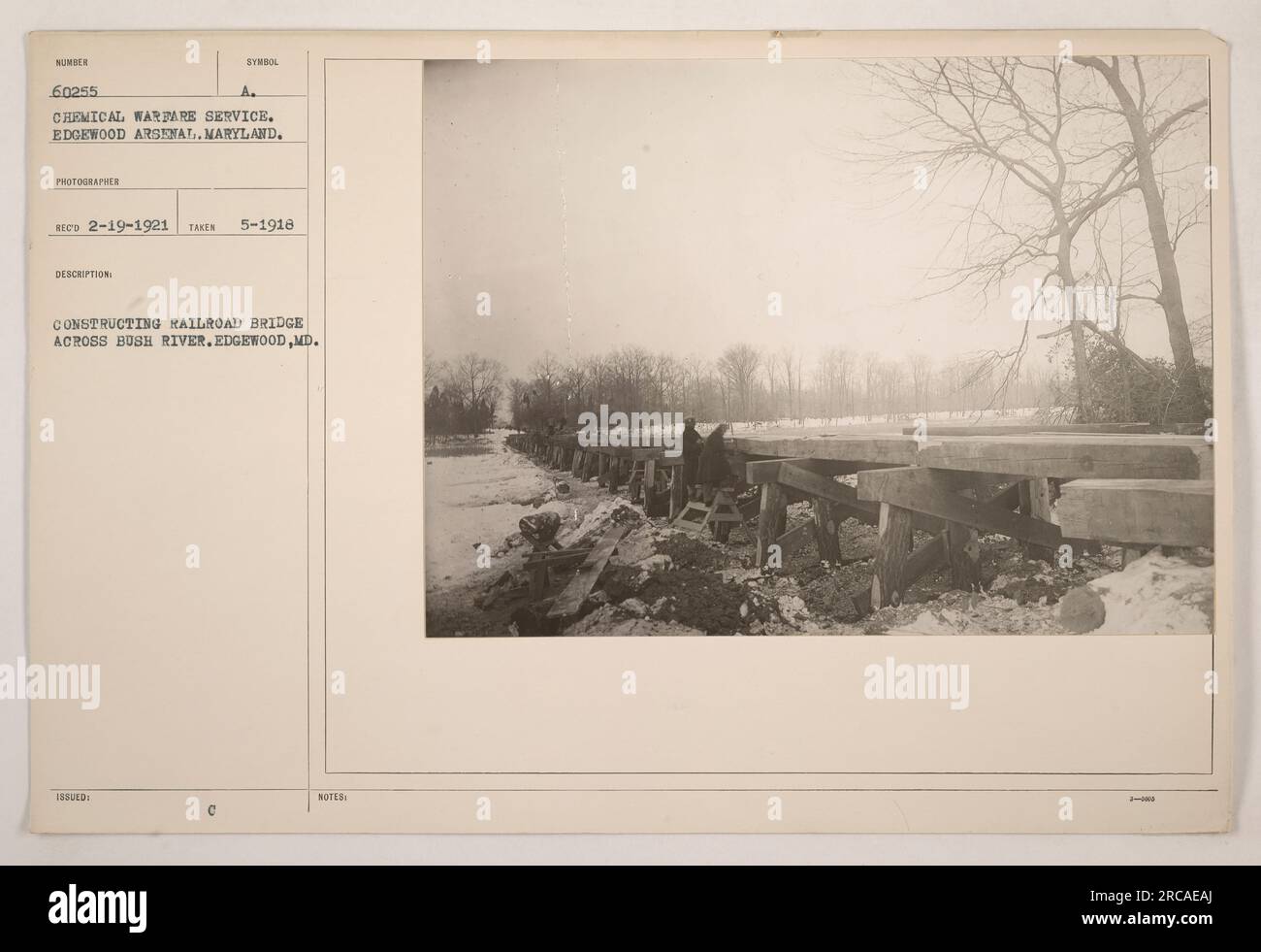 Construction crew working on the railroad bridge across Bush River at ...